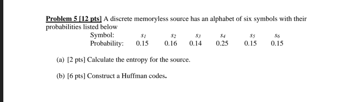 Solved Problem 5 [12 pts] A discrete memoryless source has | Chegg.com