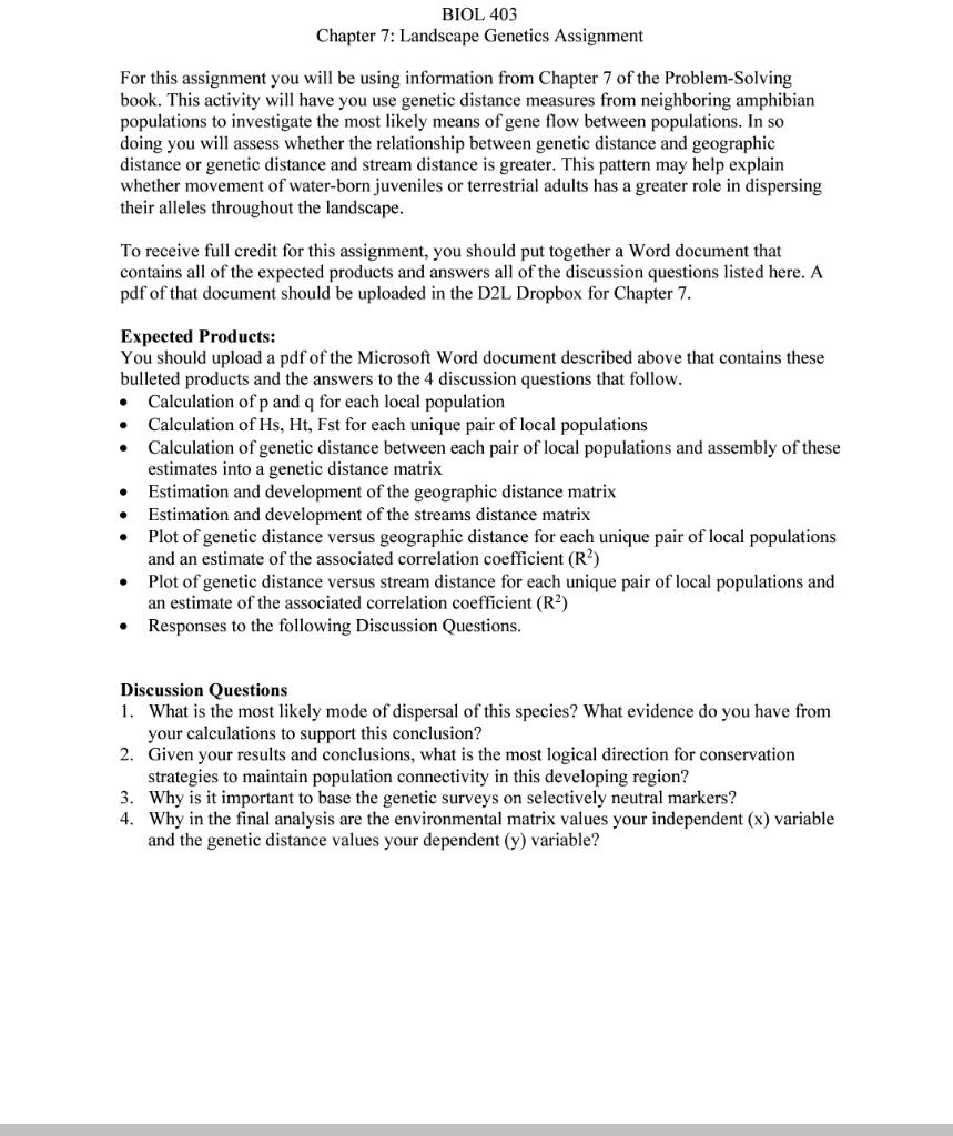Solved CHAPTER 7 TO Landscape Genetics: Identifying Movement | Chegg.com