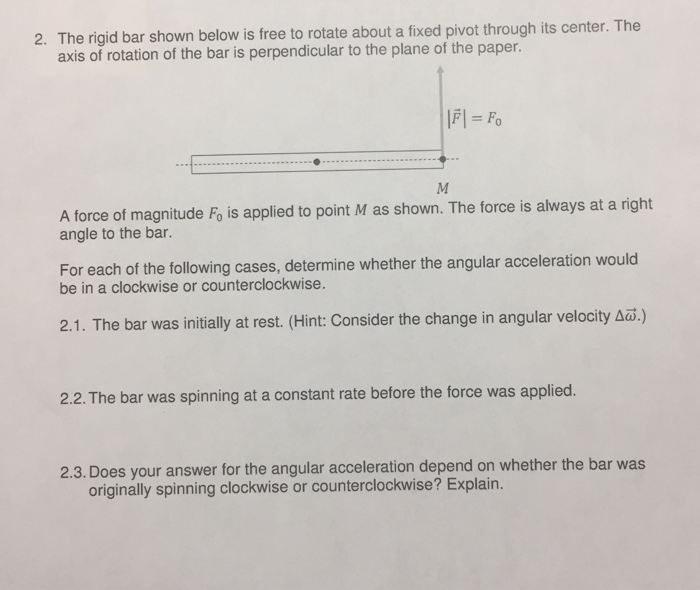 Solved 2. The rigid bar shown below is free to rotate about | Chegg.com