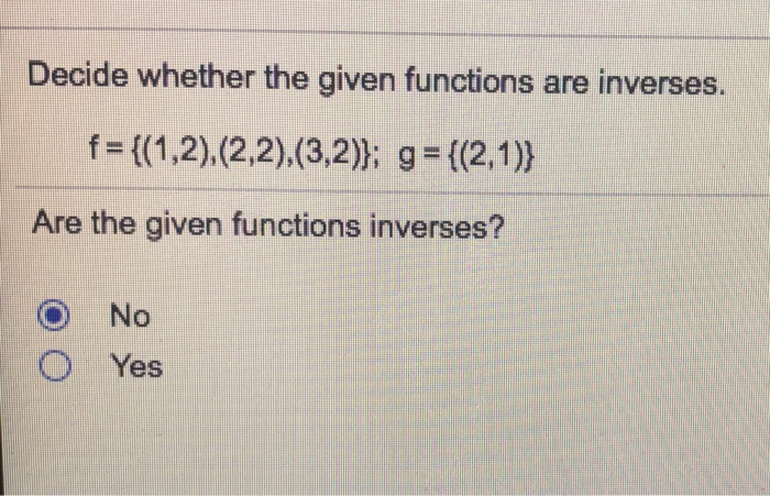 Solved Decide whether the given functions are inverses. f= | Chegg.com