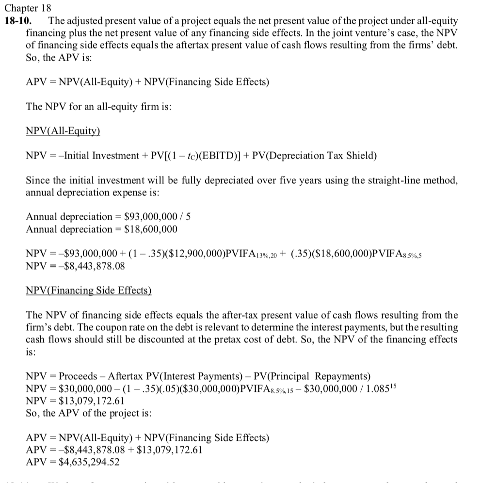 Solved Chapter 18 18-10. The adjusted present value of a | Chegg.com