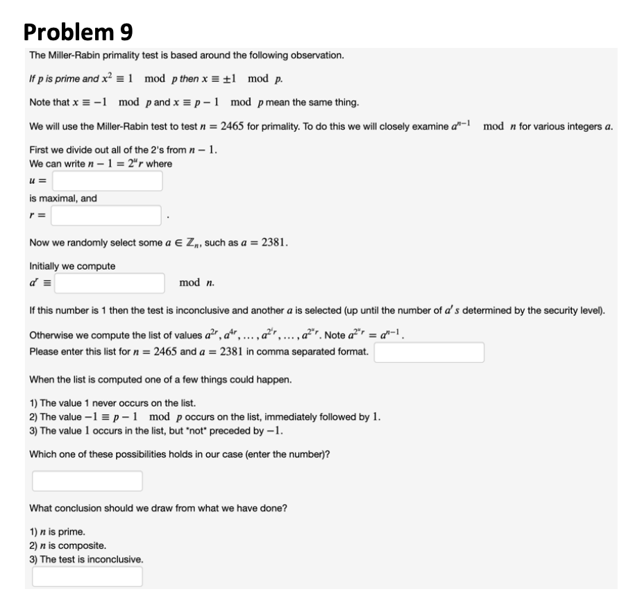 Solved Problem 9 The Miller-Rabin primality test is based | Chegg.com