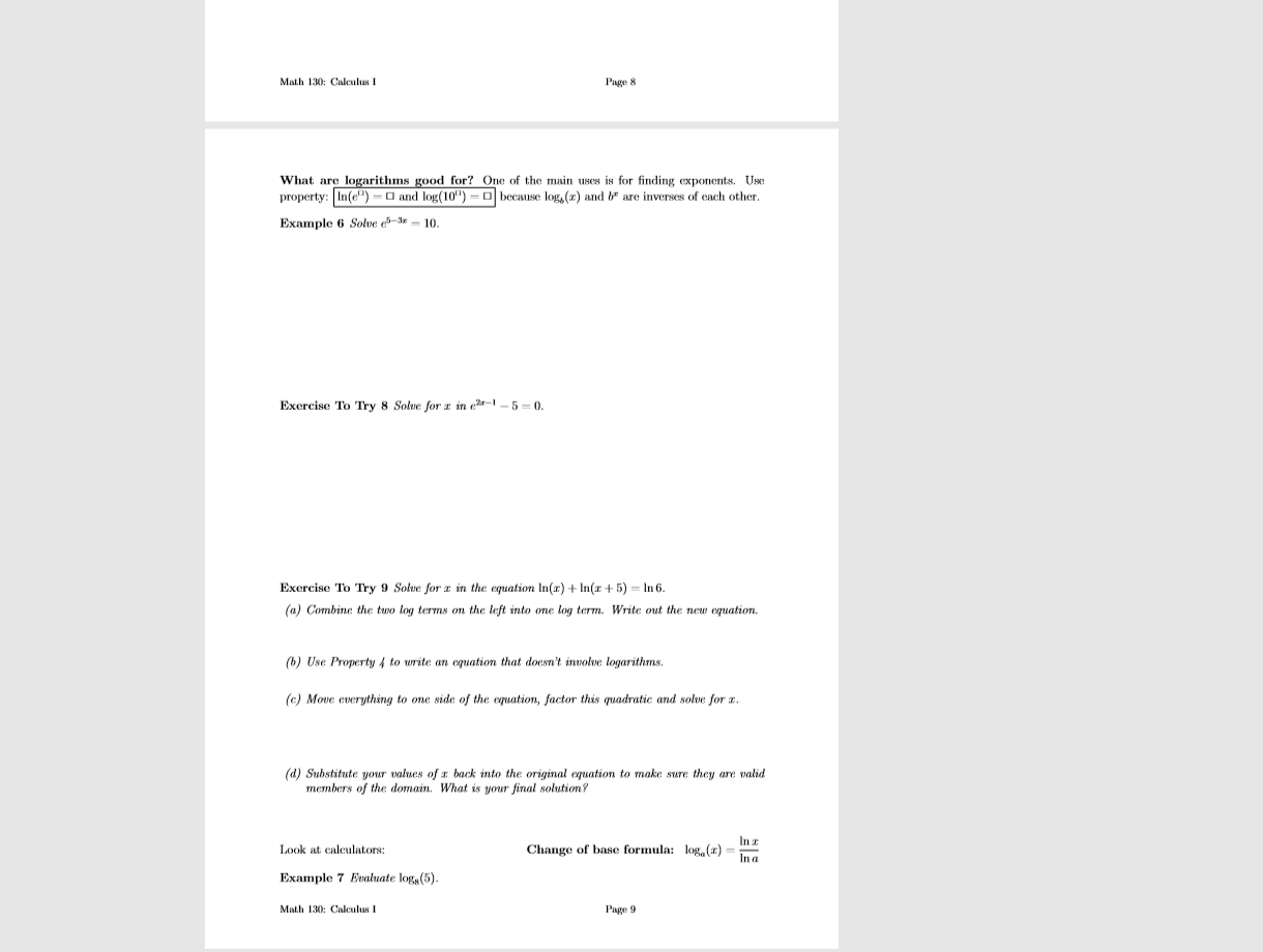 Solved Math 130: Calculus I Page 8 What are logarithms good | Chegg.com