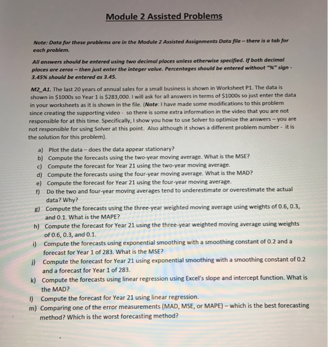 Solved Module 2 Assisted Problems Note: Data for these | Chegg.com