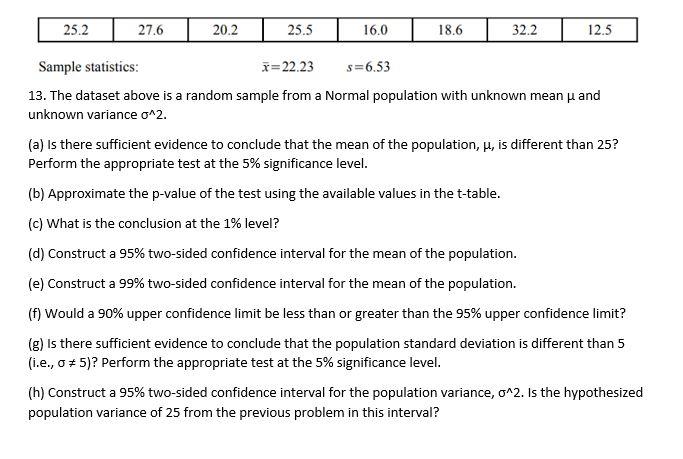 Solved 25.2 27.6 20.2 25.5 16.0 18.6 32.2 12.5 Sample | Chegg.com