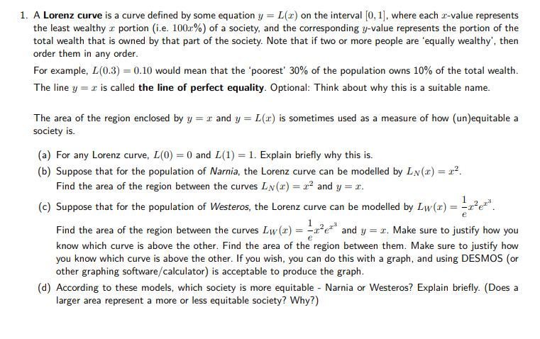 Solved 1. A Lorenz curve is a curve defined by some equation | Chegg.com