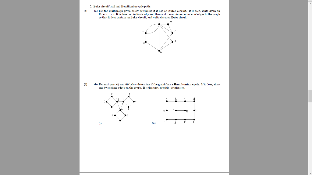 Solved [1] 5. Euler circuit/trail and Hamiltonian cycle | Chegg.com