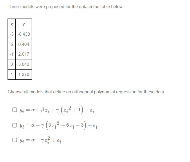 Solved Three models were proposed for the data in the table | Chegg.com