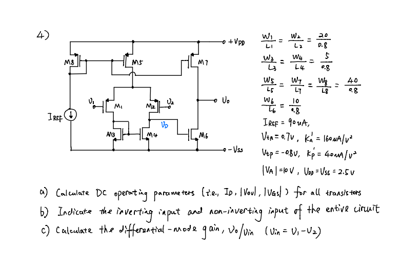 Solved a) calculate DC operating parameters (Id, |Vgs-Vt|, | Chegg.com