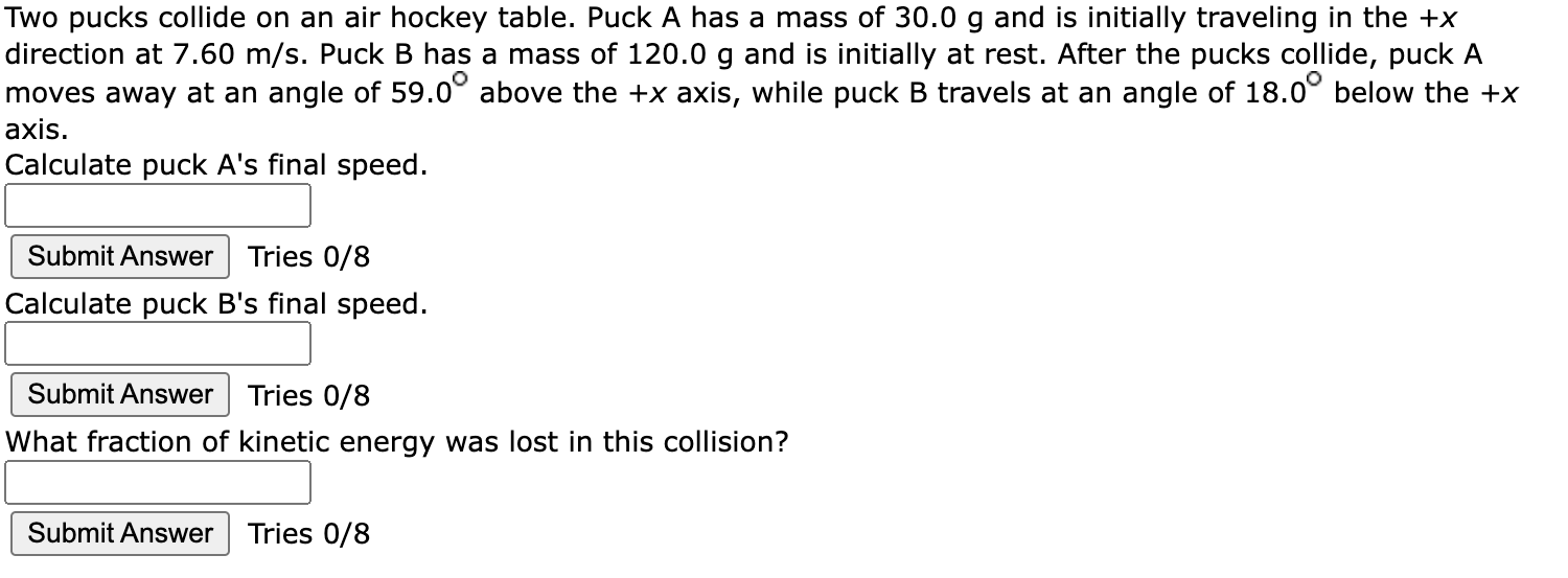 Solved Two pucks collide on an air hockey table. Puck A has | Chegg.com