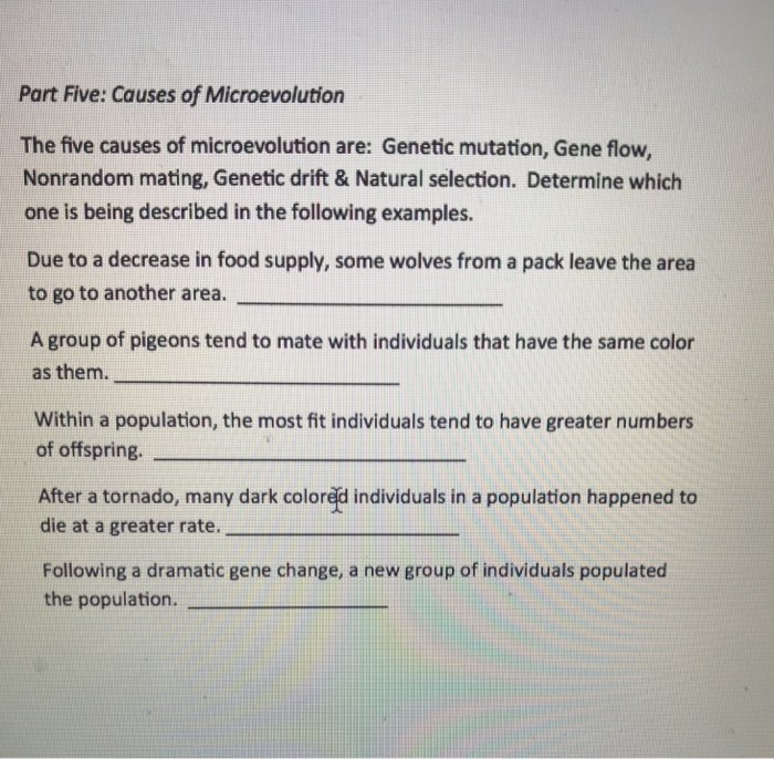 Solved Part Five: Causes of Microevolution The five causes | Chegg.com