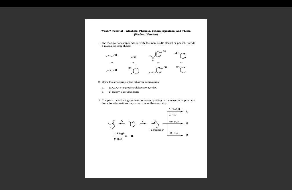Solved Week 7 Tutorial - Mcohols, Phenols, Ethers, Epoxides, | Chegg.com