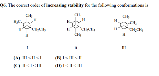 Solved Q6. The correct order of increasing stability for the | Chegg.com