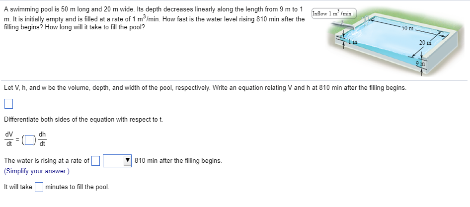 Solved A swimming pool is 50 m long and 20 m wide. Its depth | Chegg.com