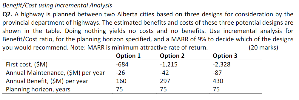 Solved Benefit/Cost using Incremental AnalysisQ2. ﻿A highway | Chegg.com
