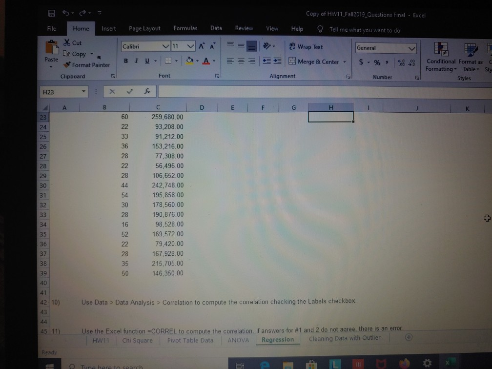 Solved Copy of HW11_Fall2019 Questions Final - Excel Home | Chegg.com