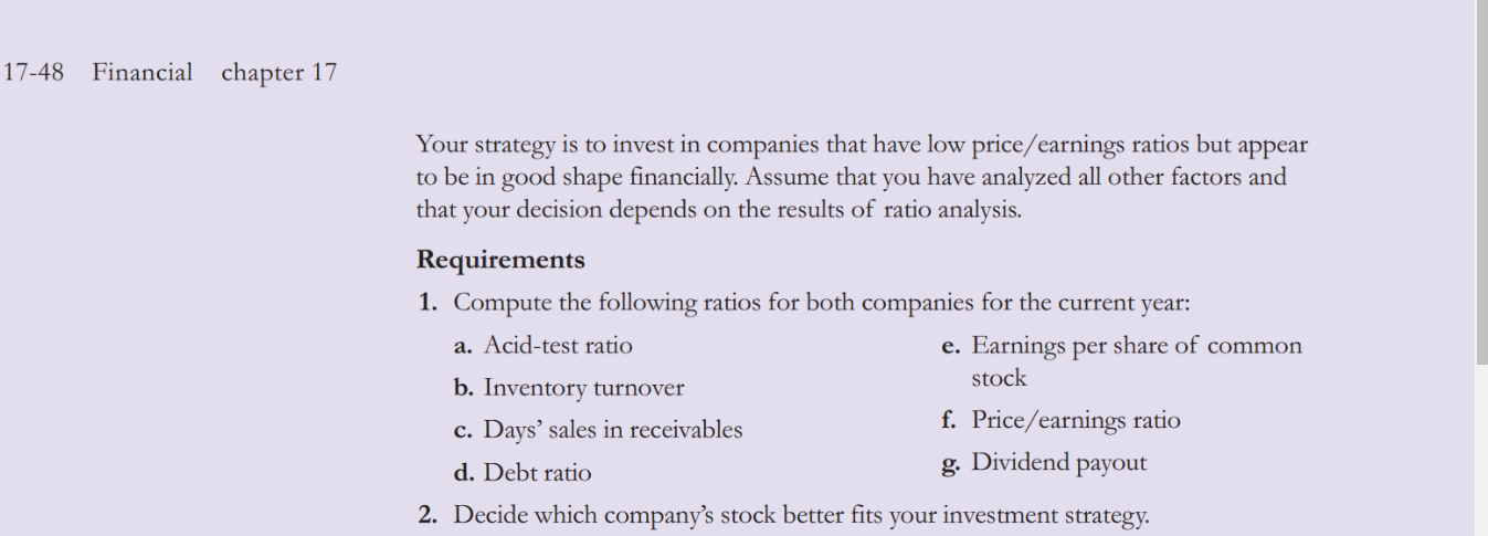 Solved P-F:17-28A Using ratios to decide between two stock | Chegg.com