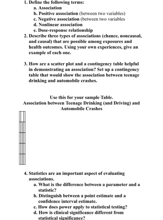 Solved 1. Define the following terms: a. Association b. | Chegg.com