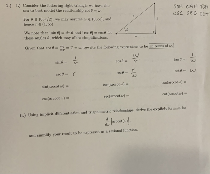 Solved 1.) i.) Consider the following right triangle we have | Chegg.com