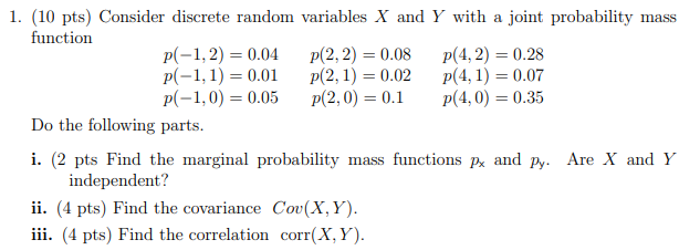 Solved 1. (10 pts) Consider discrete random variables X and | Chegg.com