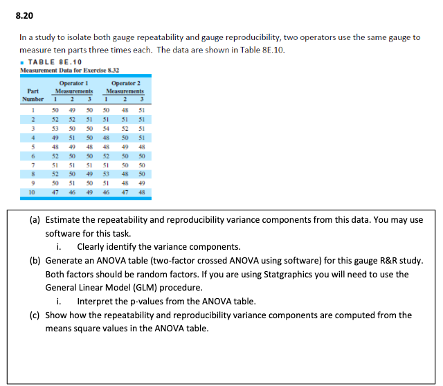 Solved 8.20 In a study to isolate both gauge repeatability | Chegg.com