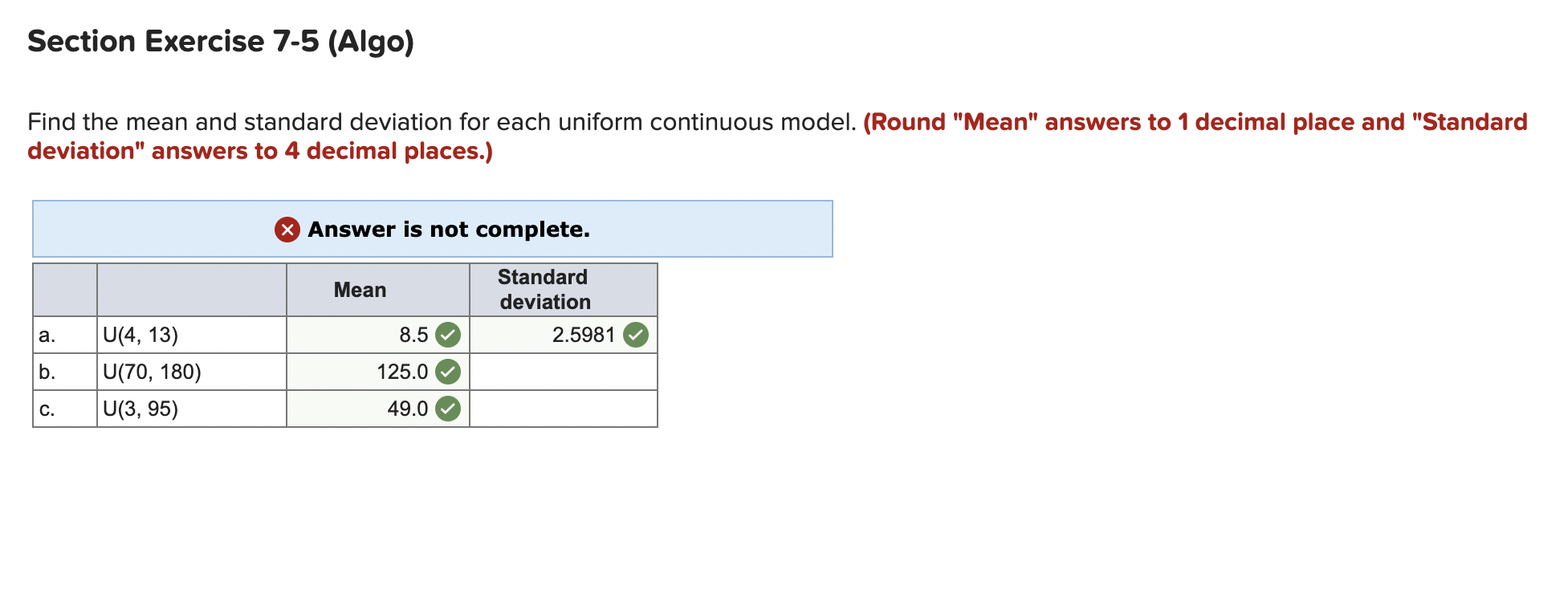 Solved Find the mean and standard deviation for each uniform | Chegg.com