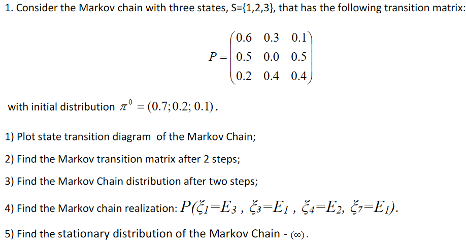 Solved 1. Consider the Markov chain with three states, | Chegg.com