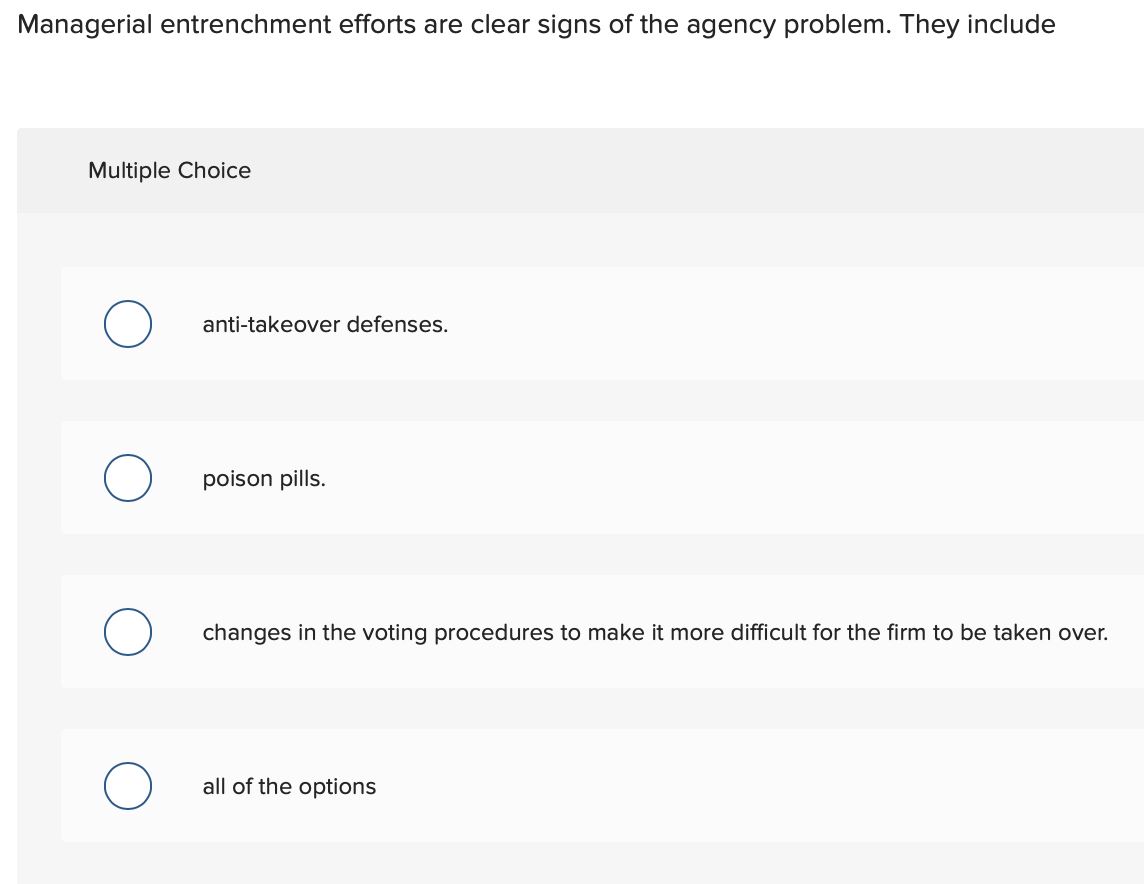Solved Managerial entrenchment efforts are clear signs of | Chegg.com