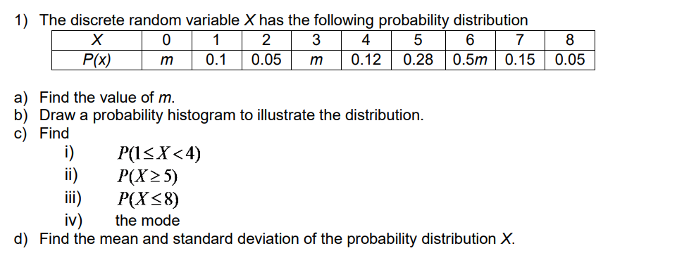 Solved 1) The discrete random variable X has the following | Chegg.com