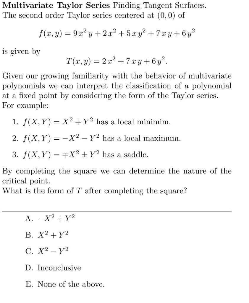 Solved Multivariate Taylor Series Finding Tangent Surfaces. | Chegg.com