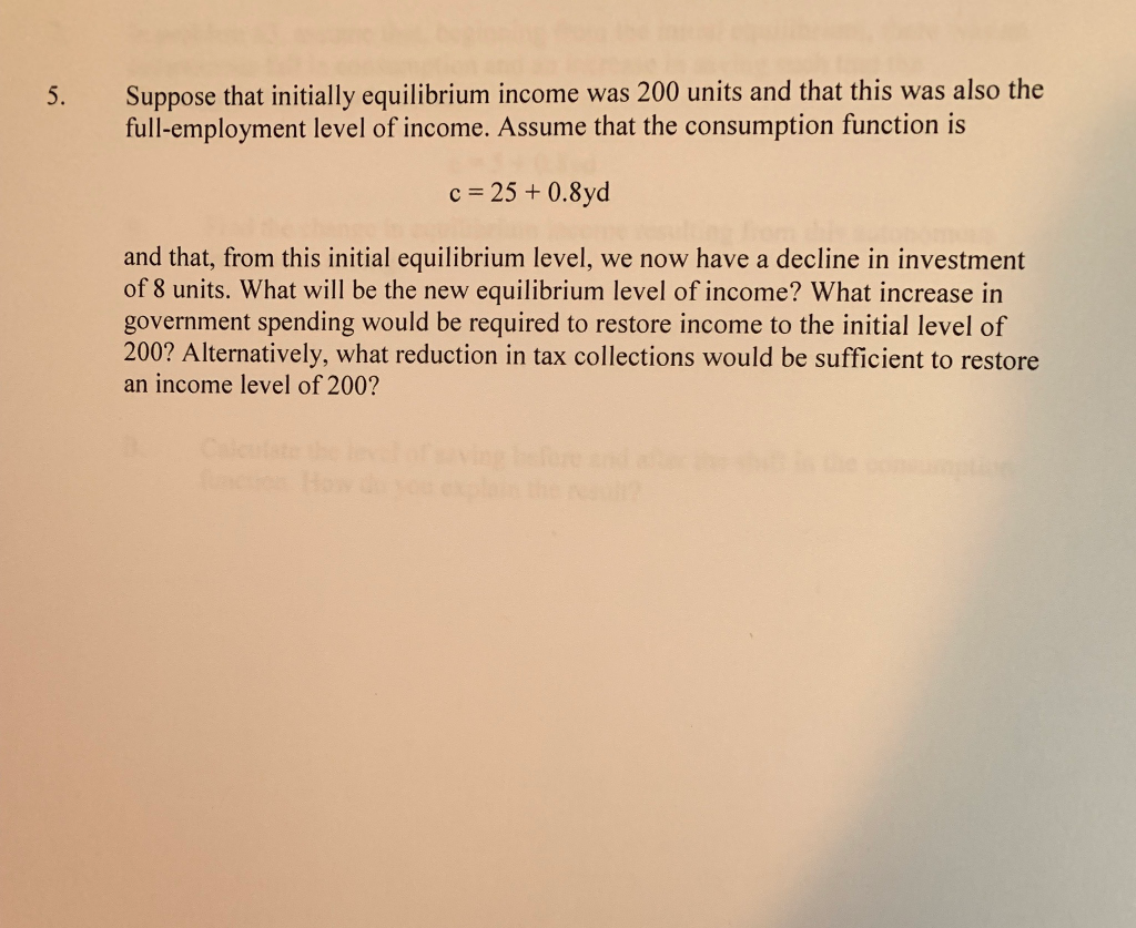 Solved 5. Suppose that initially equilibrium income was 200 | Chegg.com