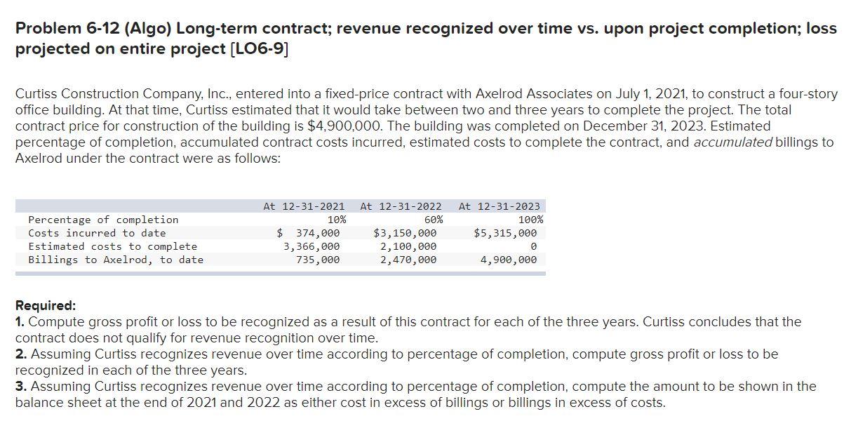 Solved Problem 6-12 (Algo) Long-term contract; revenue | Chegg.com
