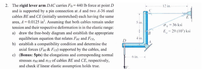 Solved 2. The rigid lever armDAC carries FD=440lb force at | Chegg.com