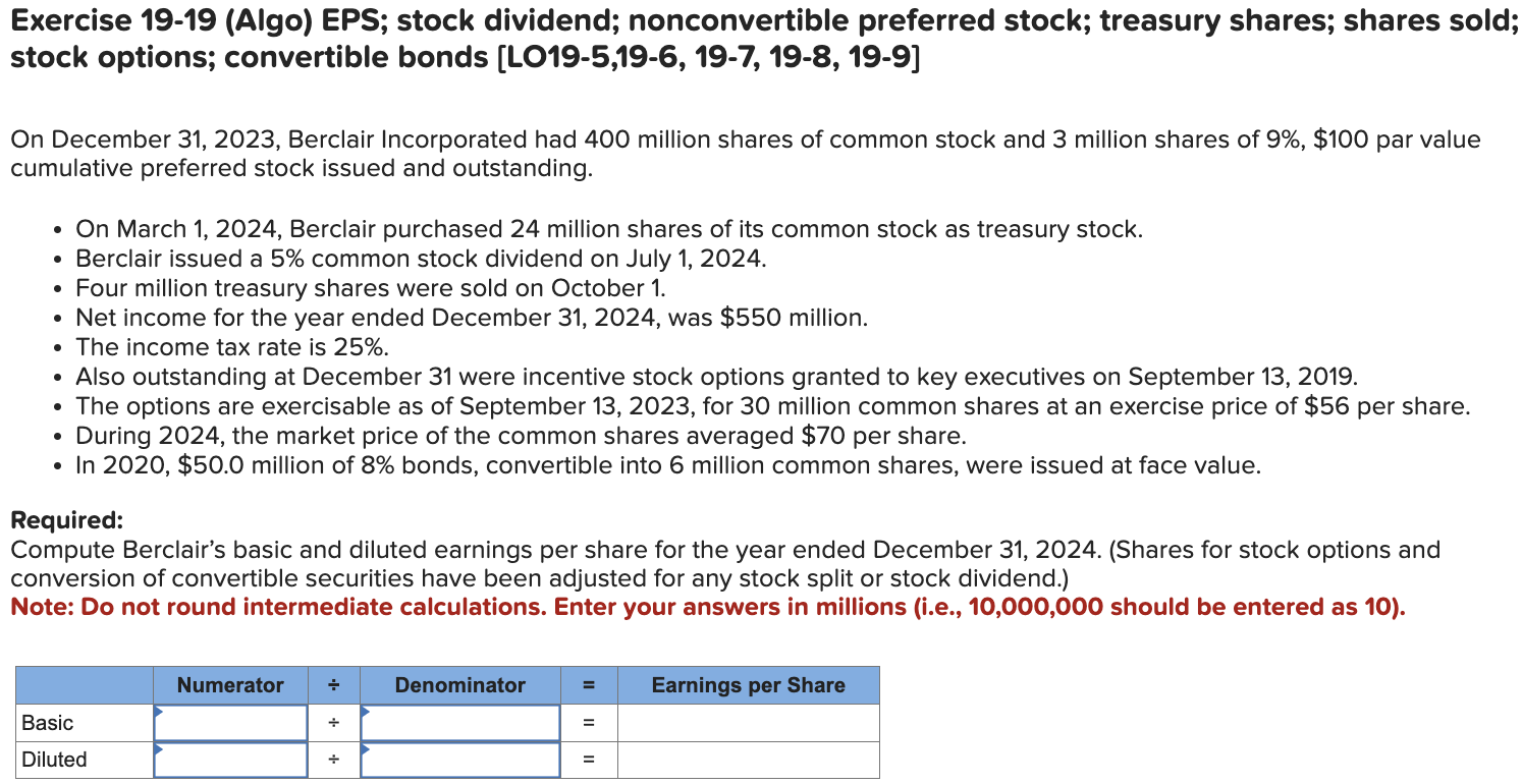 Solved Exercise 19-19 (Algo) EPS; stock dividend; | Chegg.com