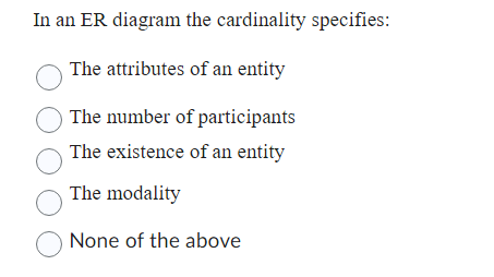 Solved In an ER diagram the cardinality specifies: The | Chegg.com
