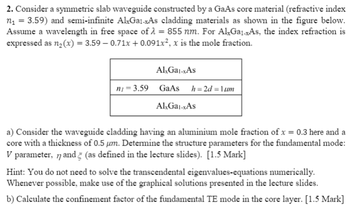 2. Consider a symmetric slab waveguide constructed by | Chegg.com