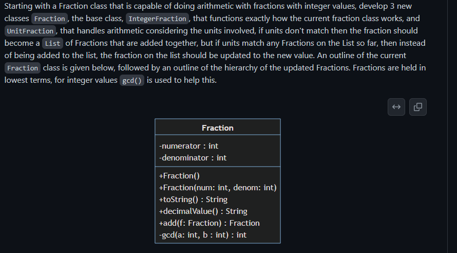 Solved Starting with a Fraction class that is capable of | Chegg.com