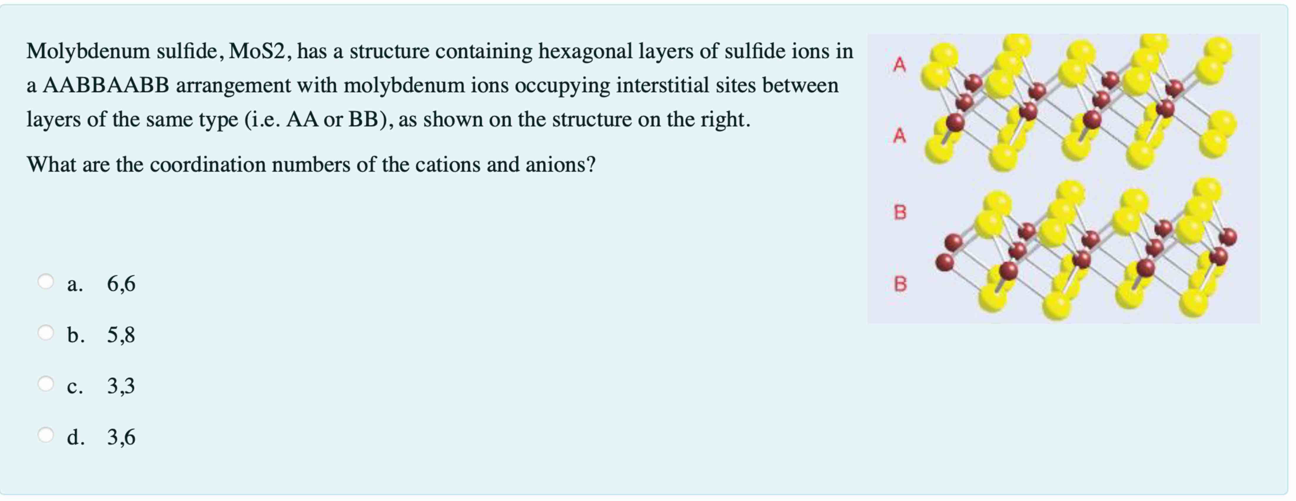 Solved Molybdenum sulfide, MoS2, ﻿has a structure containing | Chegg.com