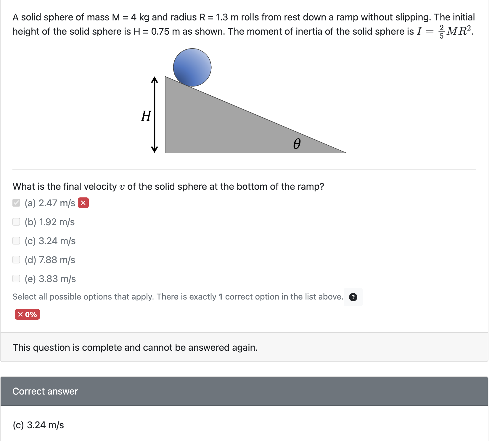 Solved A solid sphere of mass M=4 kg and radius R=1.3 m | Chegg.com