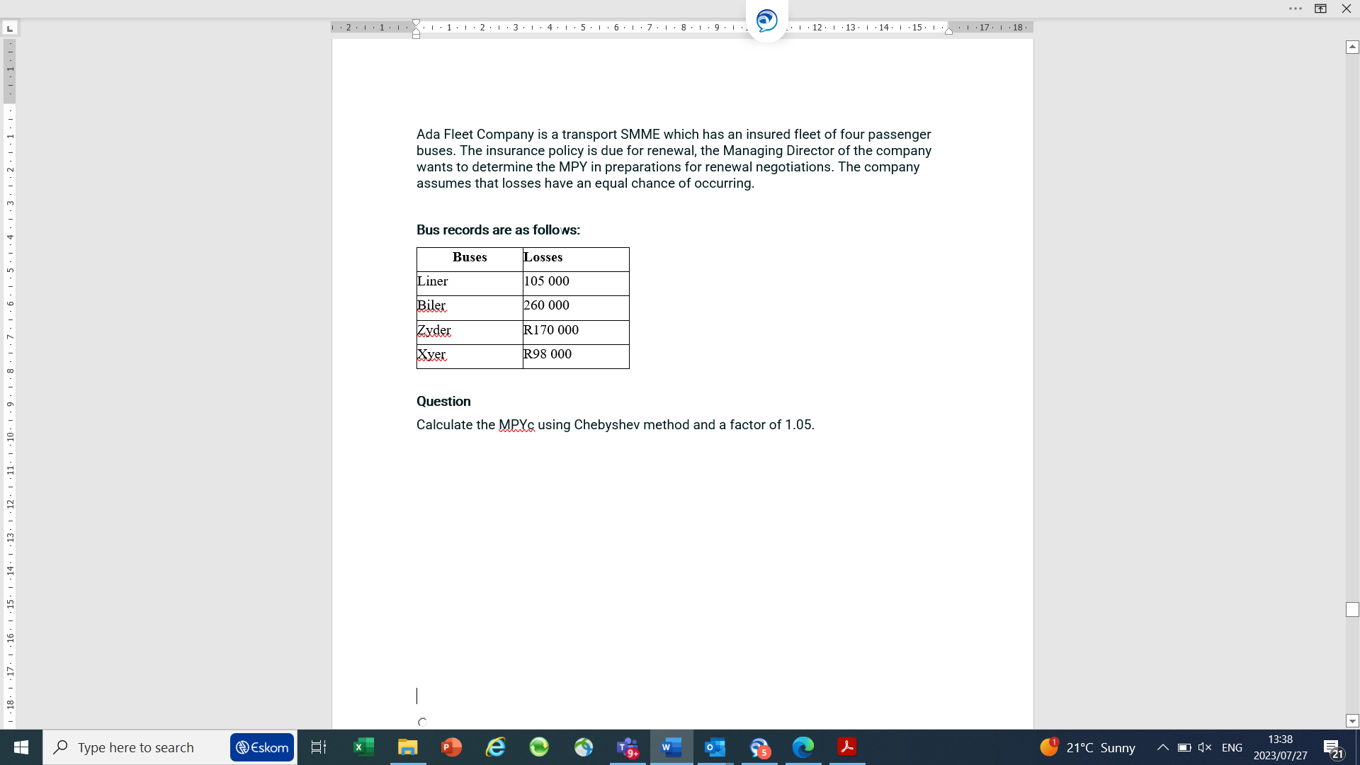 Solved Ada Fleet Company is a transport SMME which has an | Chegg.com