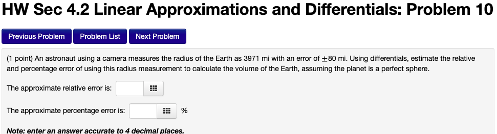Solved HW Sec 4.2 Linear Approximations and Differentials: | Chegg.com