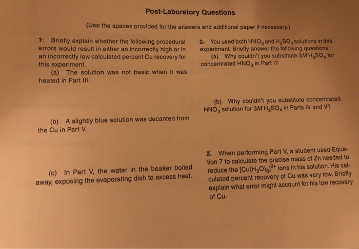 Post-Laboratory Questions (Use the spaces provided | Chegg.com