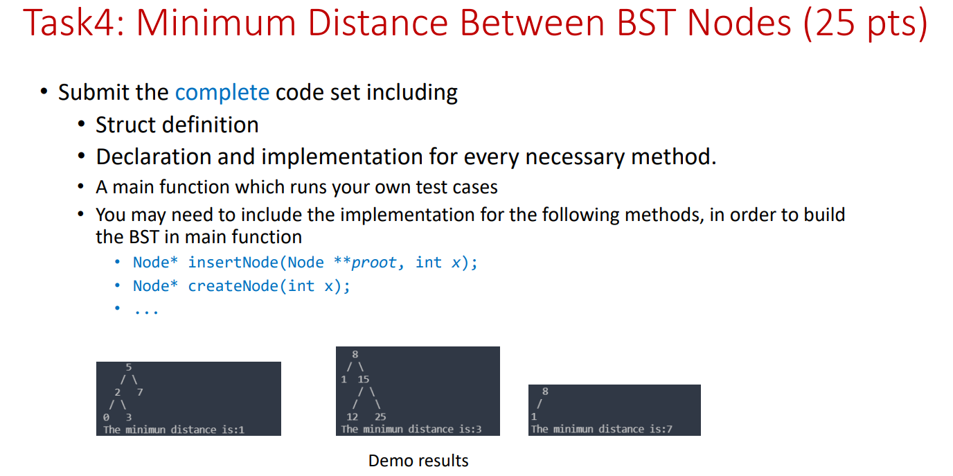 Solved Task4: Minimum Distance Between BST Nodes (25 pts) | Chegg.com