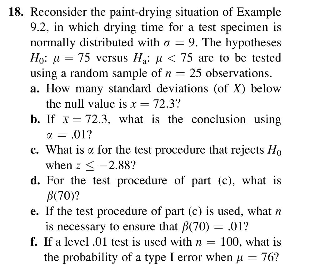 Solved Example 9.2 The drying time of a type of paint under | Chegg.com