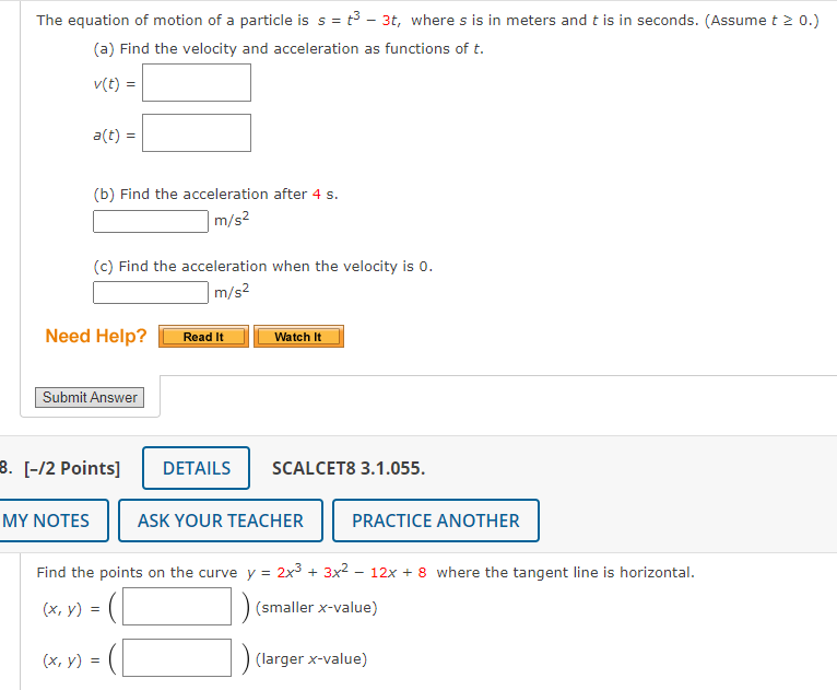 Solved The equation of motion of a particle is s = t3 - 3t, | Chegg.com