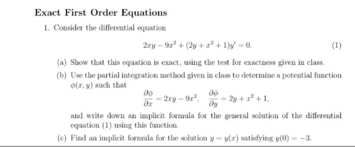 Solved Exact First Order Equations 1. Consider the | Chegg.com