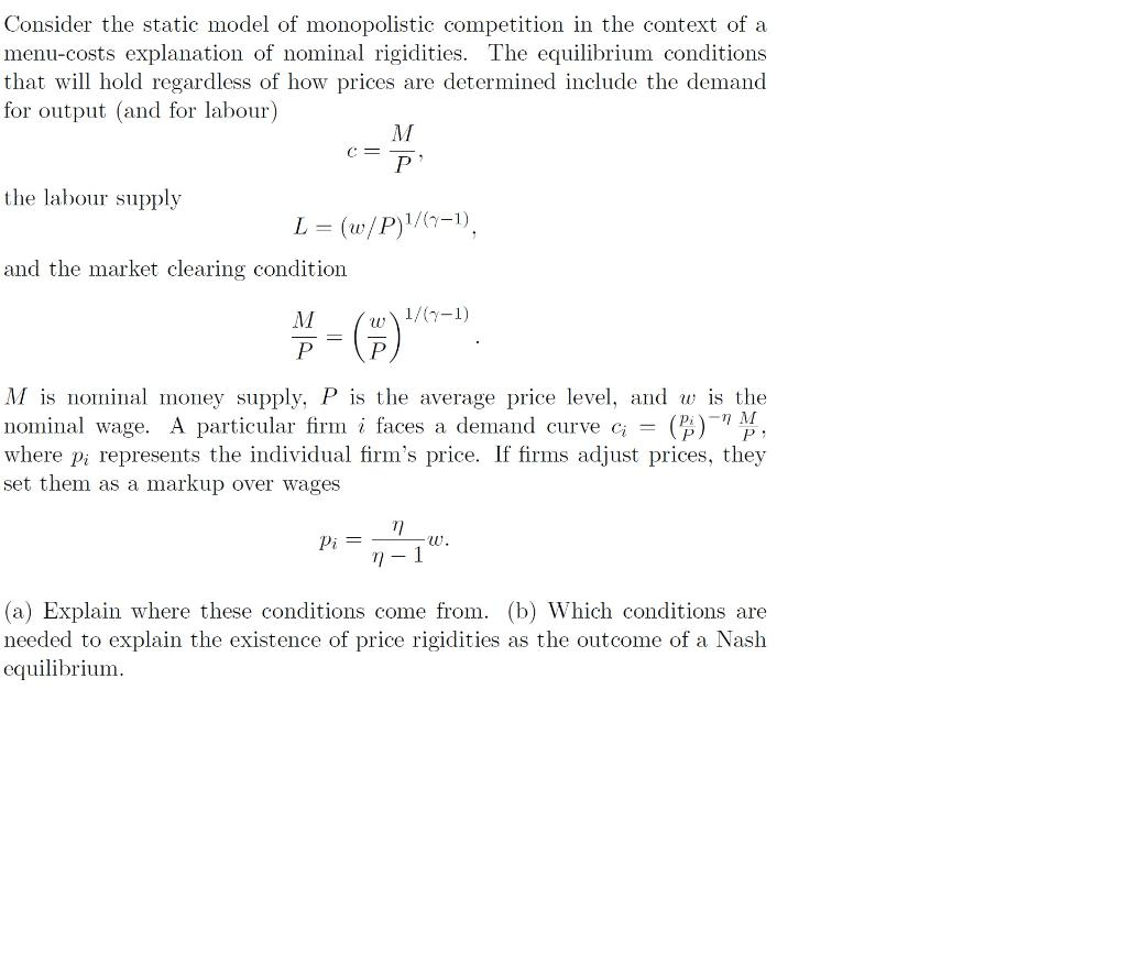 Solved Consider the static model of monopolistic competition | Chegg.com