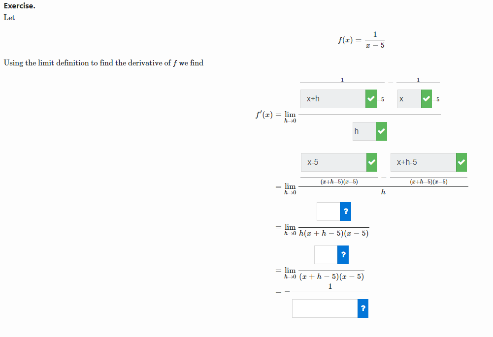 Solved Exercise.Letf(x)=1x-5Using the limit definition to | Chegg.com