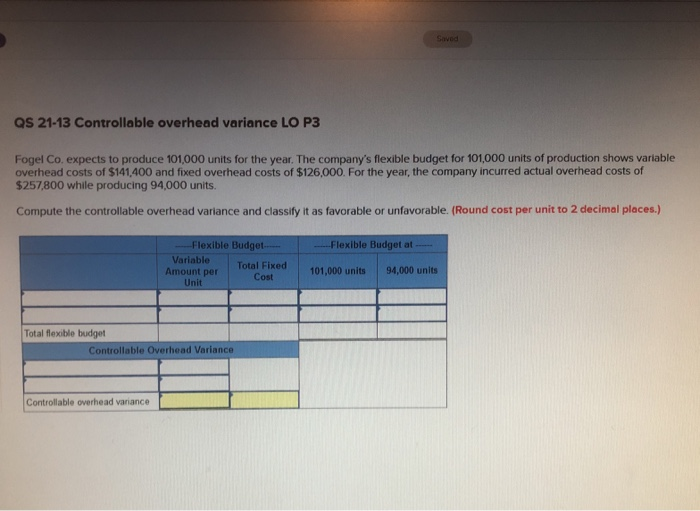 Solved QS 21-13 Controllable overhead variance LO P3 Fogel | Chegg.com