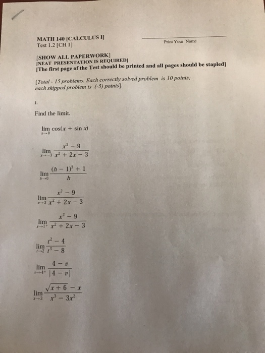 Solved MATH 140 [CALCULUS II Test 1.2 [CH 1] Print Your Name | Chegg.com